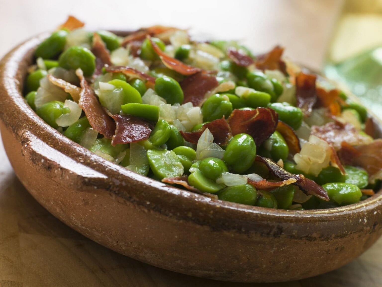 Broad beans with spring garlic and crispy serrano ham - From The Frying Pan